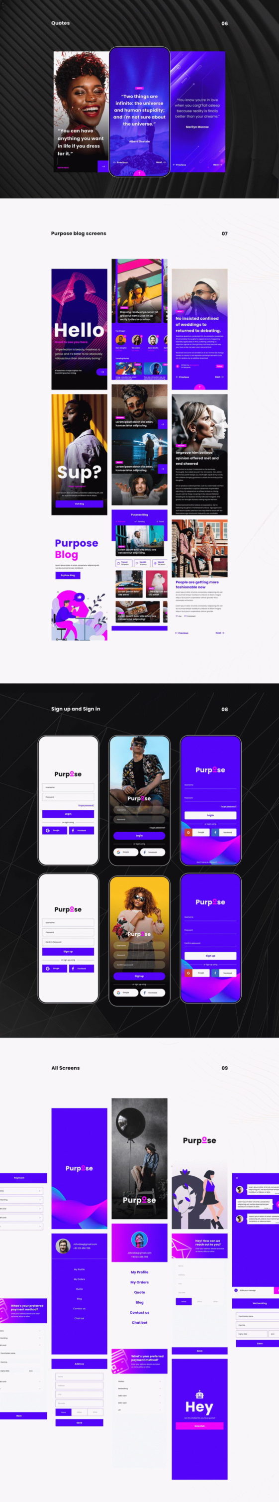 Purpose Free Mobile App UI Kit PSD Templates - PsFiles