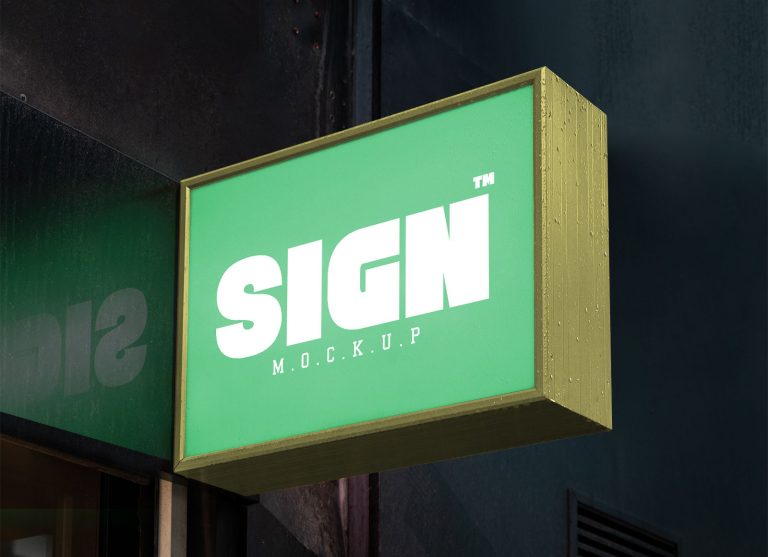 Wall Mounted Shop Light Signage Board Mockup with Reflection - PsFiles