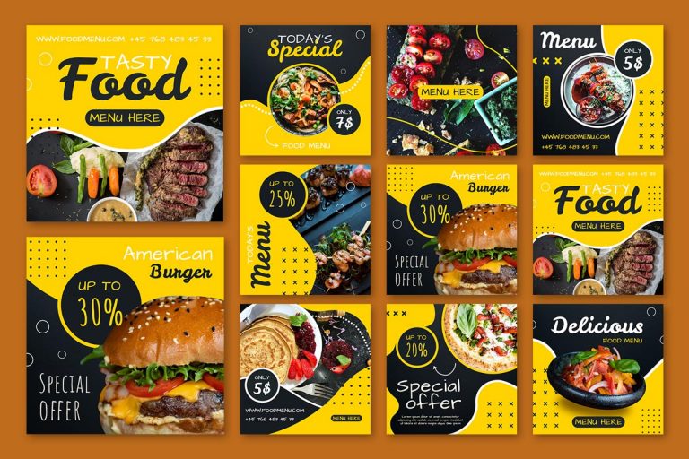 Free 9 Food Menu Instagram Posts Set Templates PSD + Vector - PsFiles