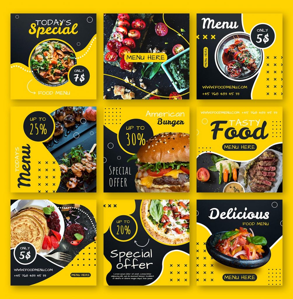 Free 9 Food Menu Instagram Posts Set Templates PSD + Vector - PsFiles