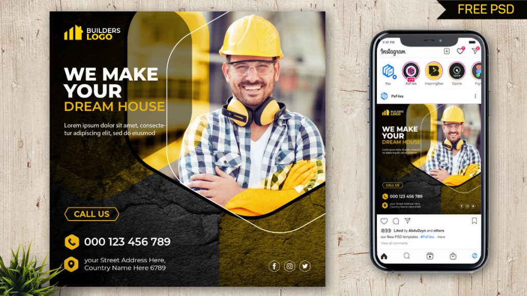 Free Construction Builders Social Media Post PSD Template - PsFiles