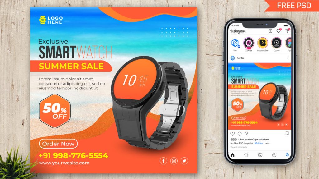 Free Smart Watch Wearable Product Post Design PSD Template - PsFiles