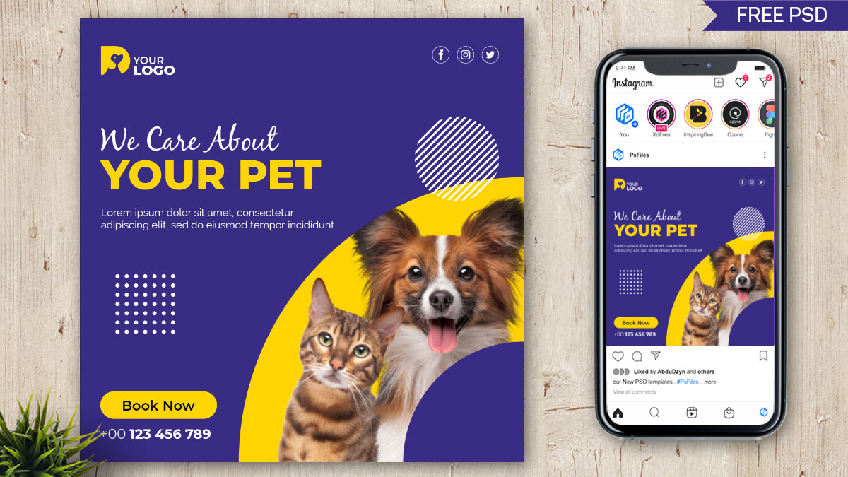 Free Instagram Post Design PSD Template for Pet Care - PsFiles