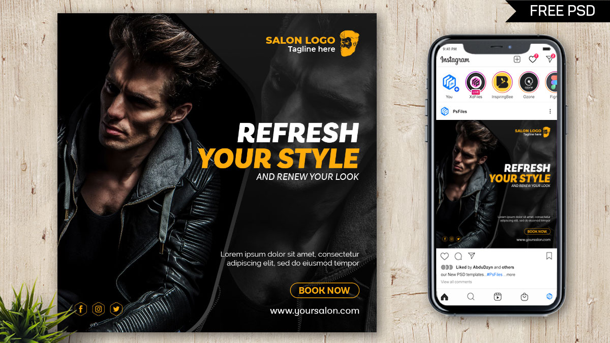 Free Instagram Post Design PSD Template for Men Beauty Salon - PsFiles