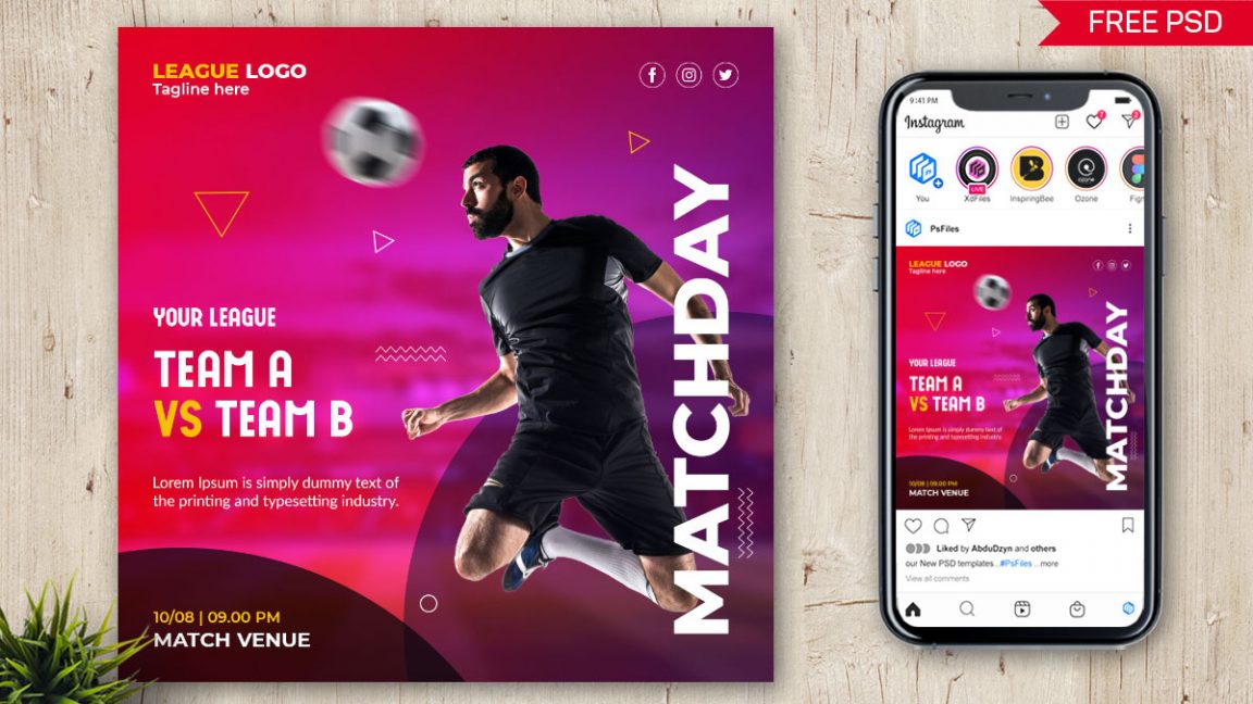 Soccer League Match Sports Instagram Post Design PSD Template