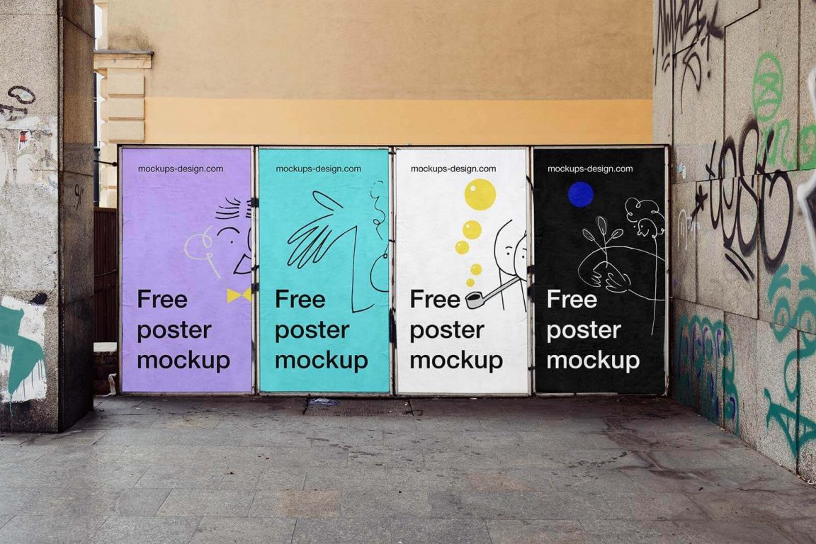 Free 4 Side By Side Outdoor Wall Posters Mockup PSD - PsFiles
