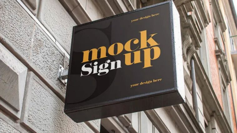 Wall Mounted Shop Light Signage Board Mockup with Reflection - PsFiles