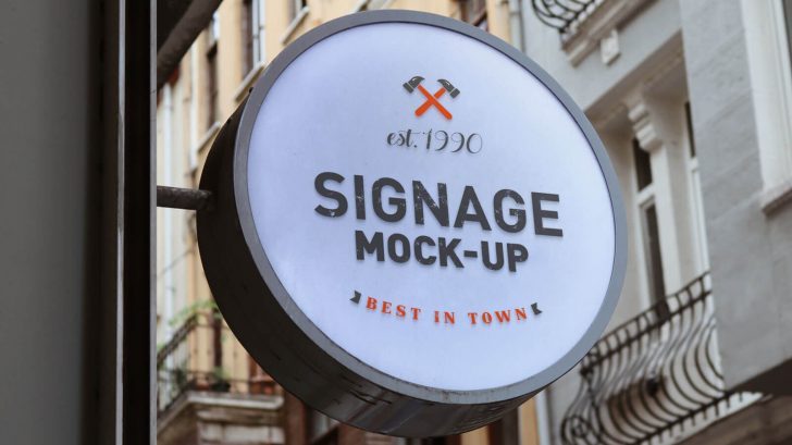 Free Round Logo Sign Mockup Building Wall Mounted - PsFiles