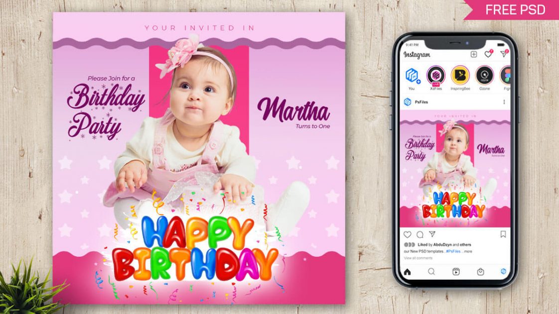 Colorful Kids Birthday Party Invitation Social Media Post Template PSD ...