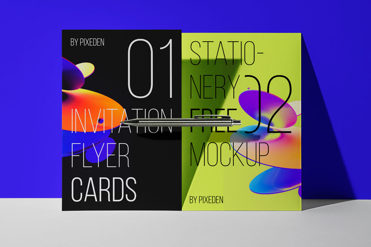 2 Flyers Mockup Standing Against the Wall with a floating Pen - PsFiles