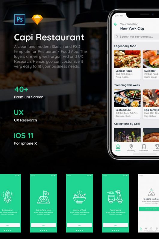 Free Capi Restaurant iOS UI Kit PSD and Sketch files - PsFiles