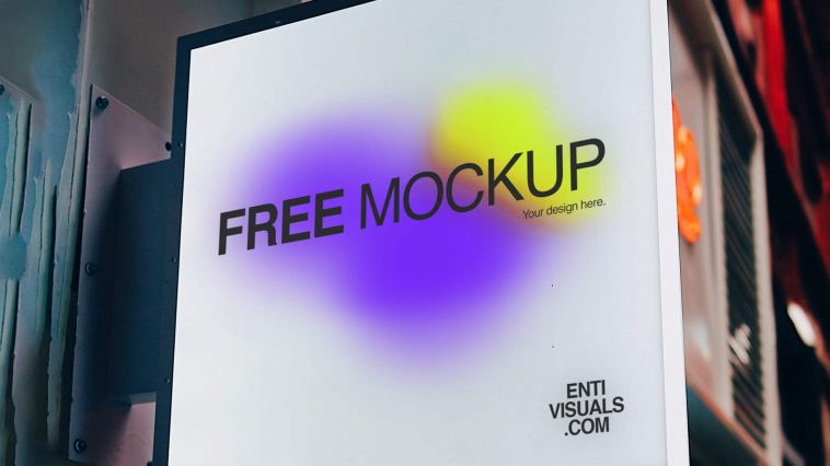 Free Hanging Illuminated Light Signage Box Mockups 3 PSD set - PsFiles