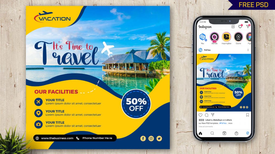 Free Travel Agency Social Media Promo Post Banner Design PSD Template
