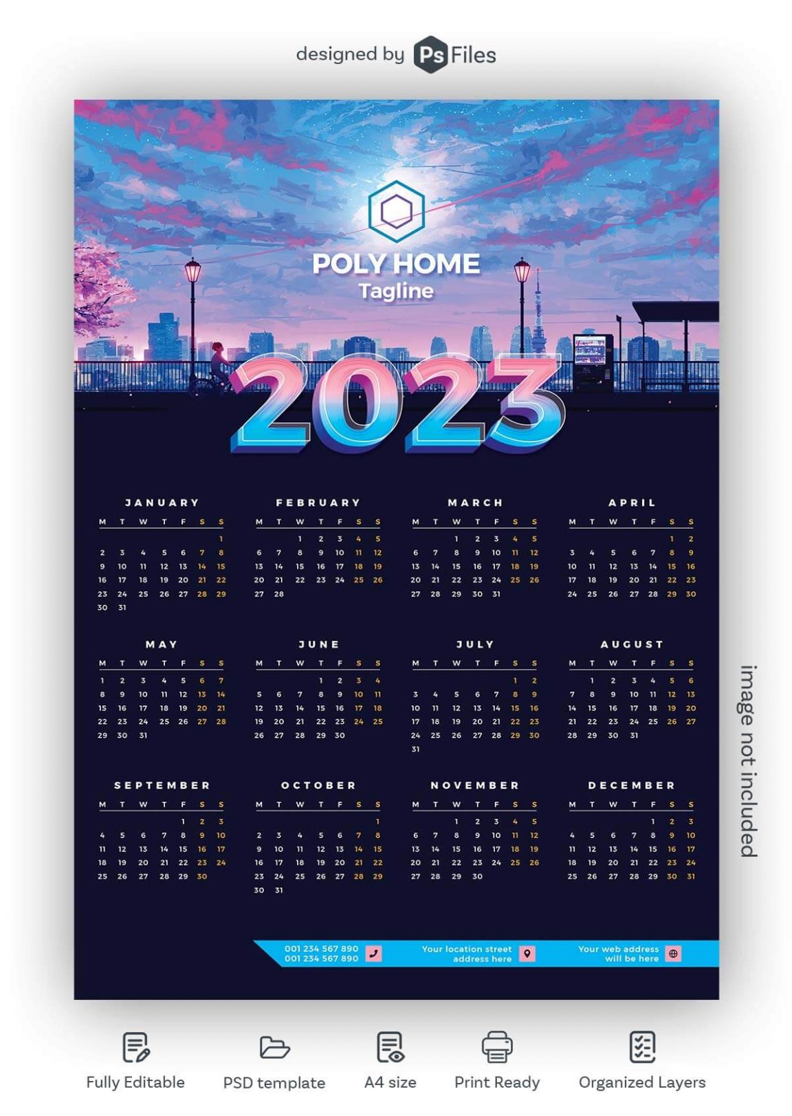 Dark Wall Calendar 2023 Photoshop PSD Template Free File - PsFiles