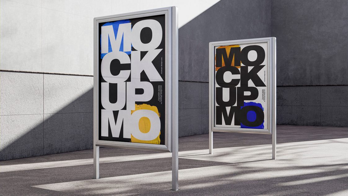 Free Sideways Street Advertising Stand Frame Board Mockup PSD - PsFiles