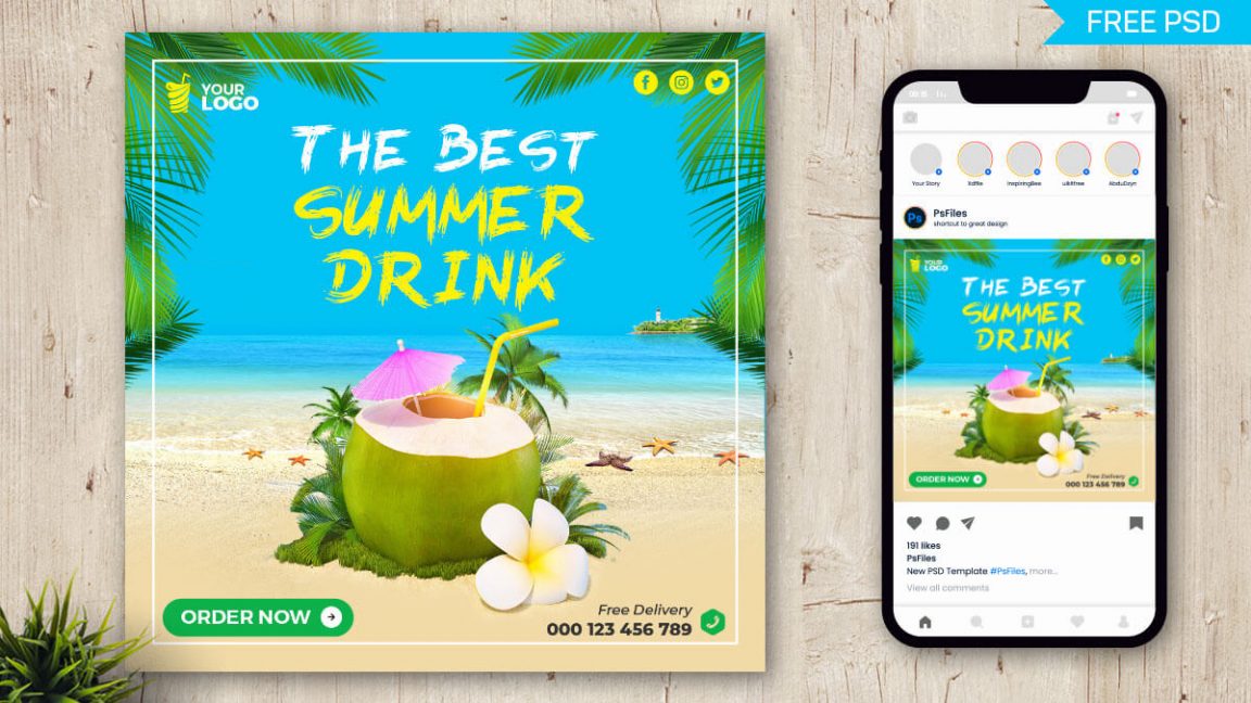 Free Best Summer Drink Social Media Post Design PSD Template - PsFiles