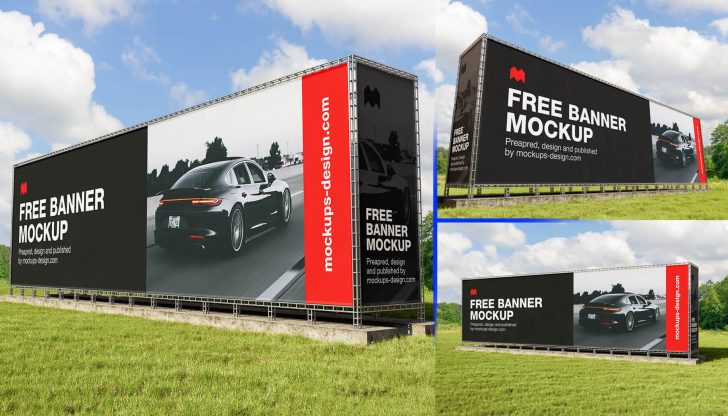 Free Steel Structure Large Horizontal Ad Banner Mockups 3 PSD set - PsFiles