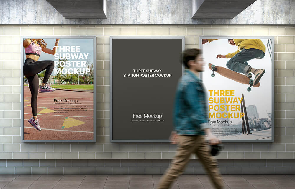 Free Three Subway Station Framed Ads Poster Mockup PSD