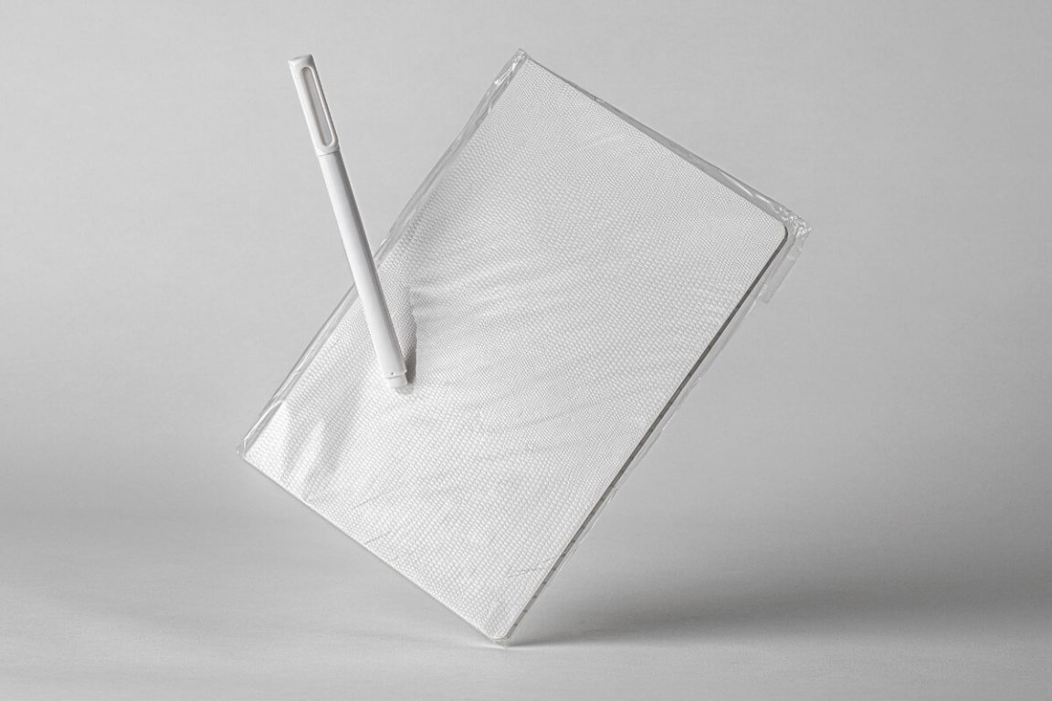 A Transparent Cover Packed Notebook with Pen PSD Mockup - PsFiles