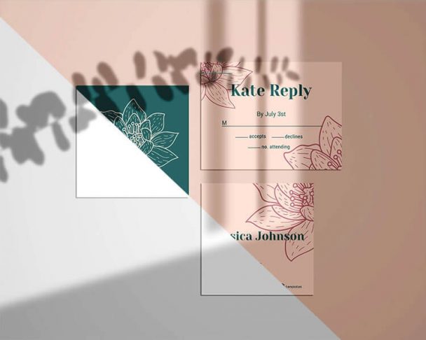 Three Top View Wedding Invitation Card set with Shadow Overlay Mockups ...