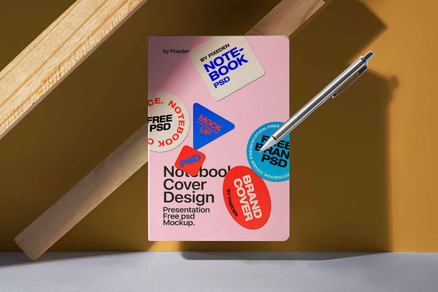 Free Floating Notebook Cover Mockup with Stick Roller Pen - Free PSD ...