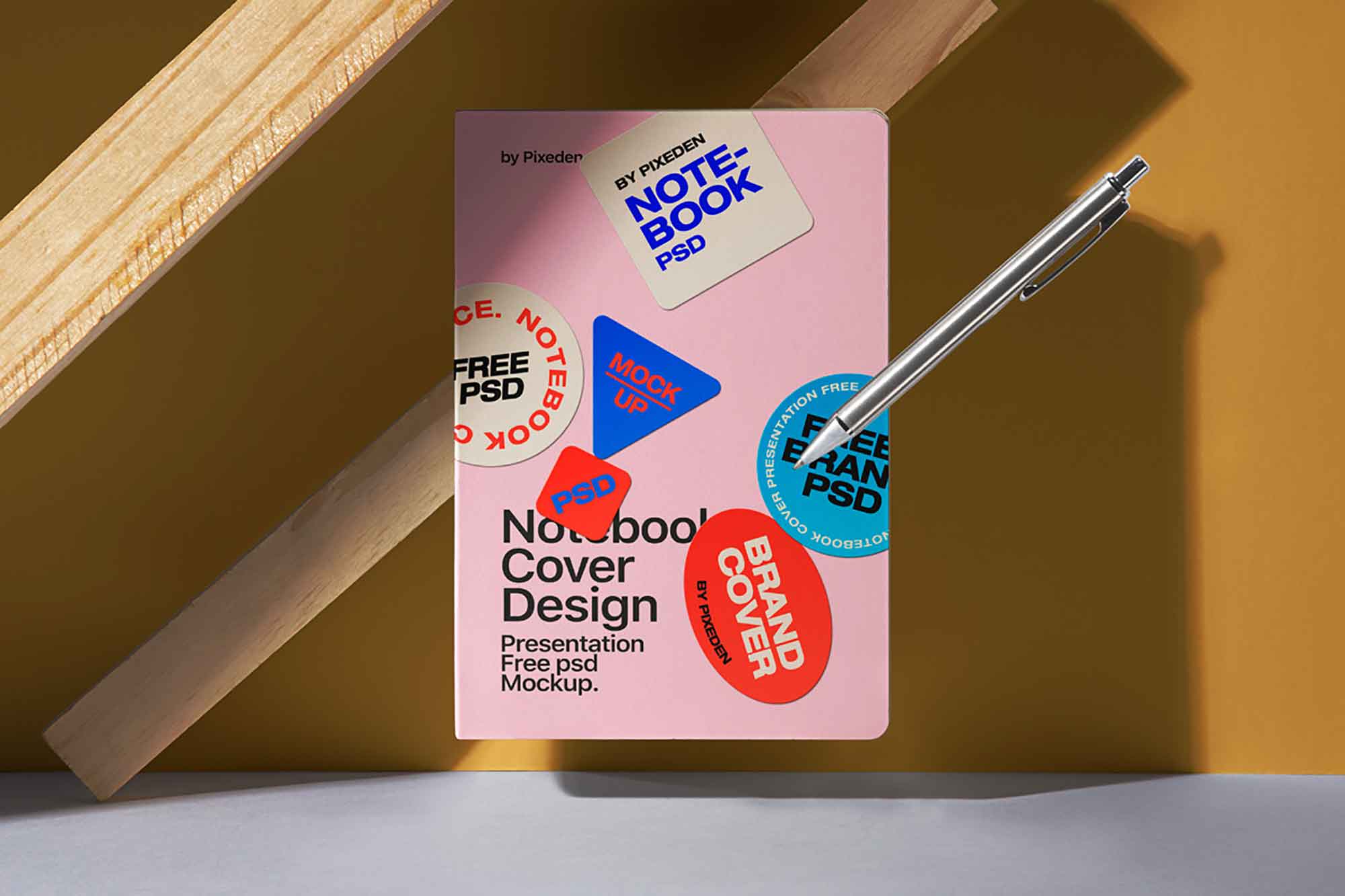 Free Floating Notebook Cover Mockup with Stick Roller Pen - Free PSD ...