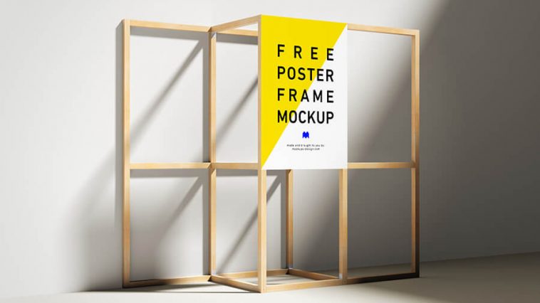 Free Exhibition Poster Mockup in Wooden Stand - PsFiles