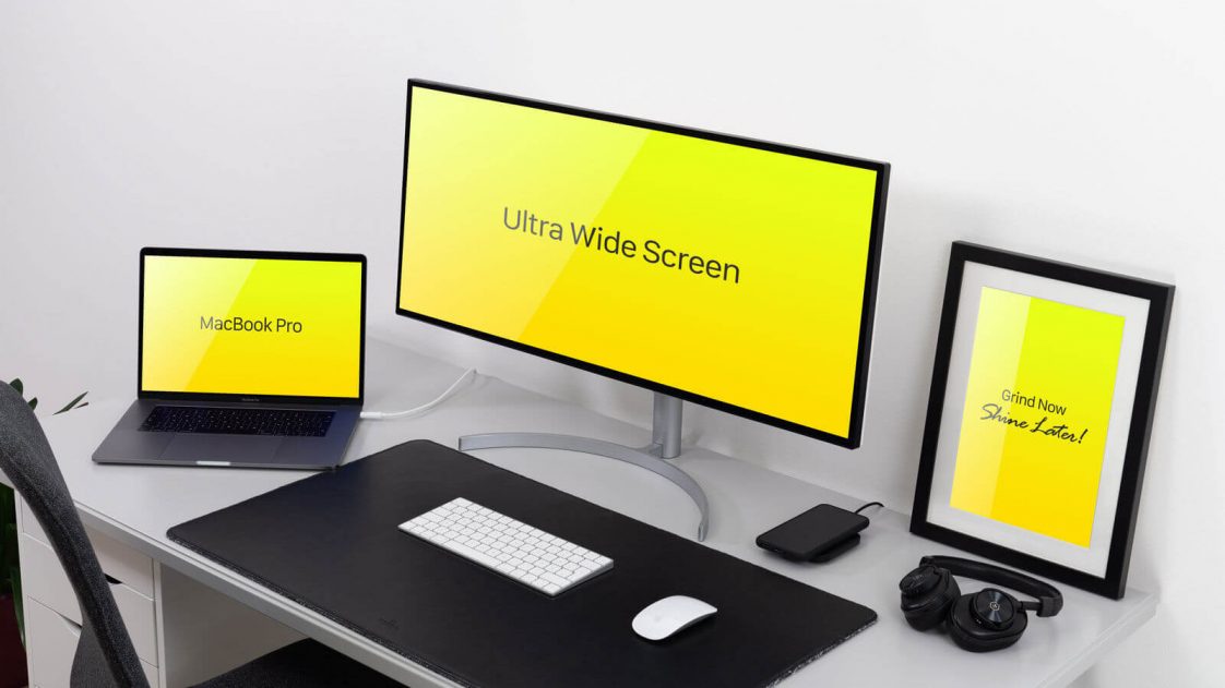 Curved Ultra Wide Screen LCD Monitor and MacBook Pro Mockup PSD - PsFiles