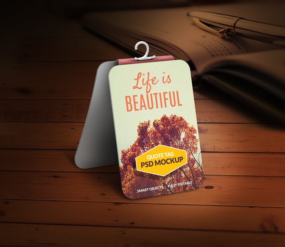 Free Quote Tag Mockup PSD with Wooden Background - Best Free PSD Mockups
