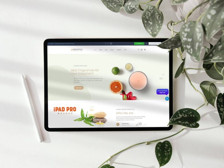 Free iPad Pro Mockup PSD with Plant Leafs Border Top View - PsFiles