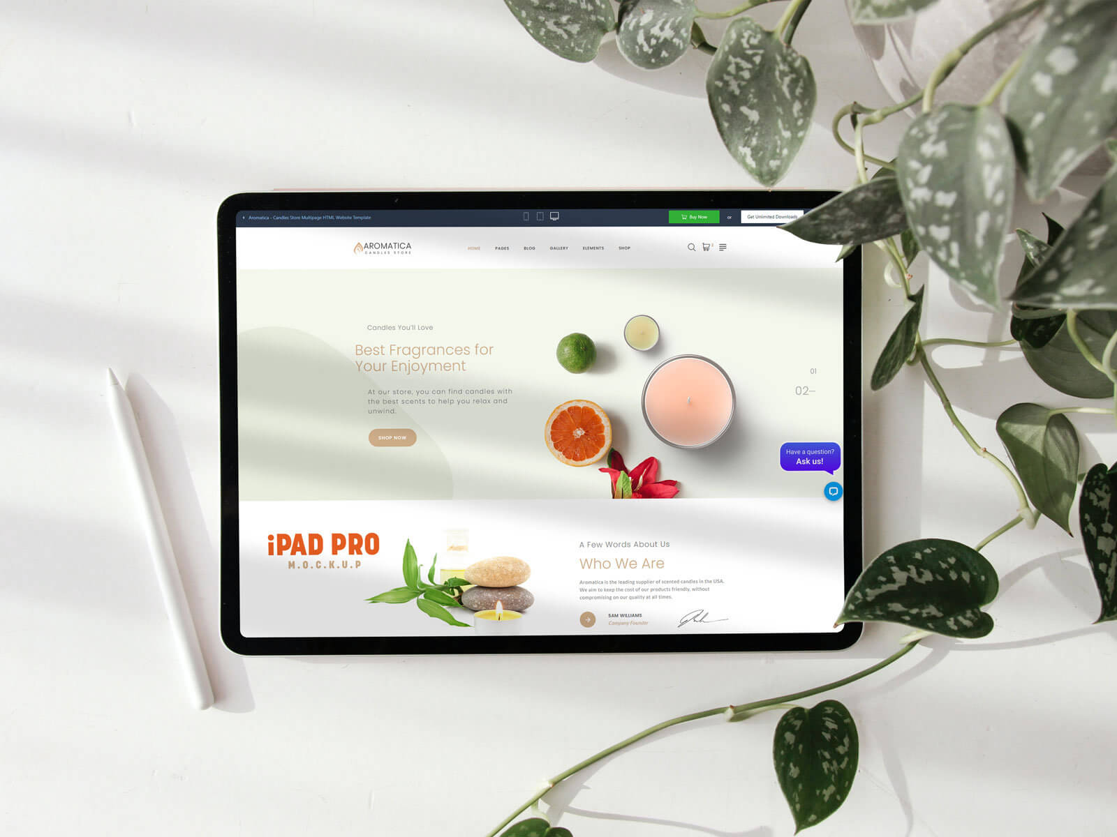 Free iPad Pro Mockup PSD with Plant Leafs Border Top View - PsFiles