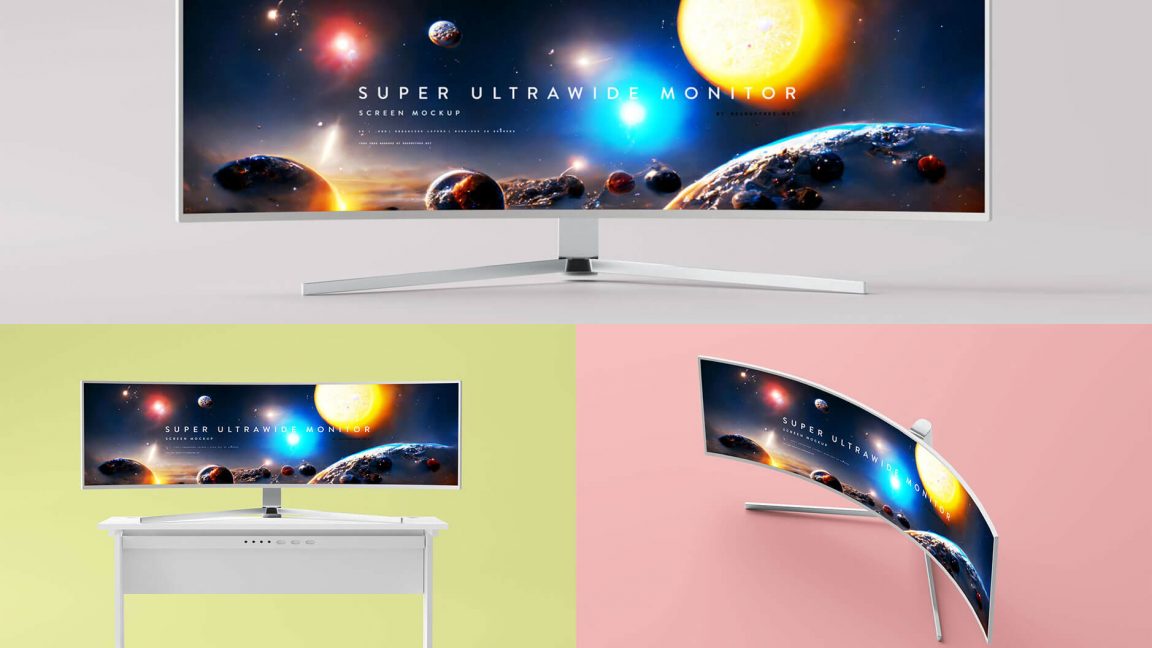 Curved Ultra Wide Screen LCD Monitor and MacBook Pro Mockup PSD - PsFiles