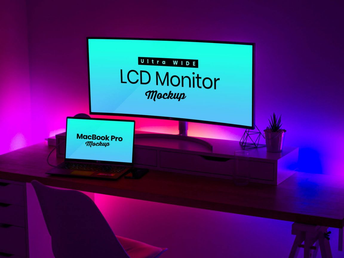Curved Ultra Wide Screen LCD Monitor and MacBook Pro Mockup PSD - PsFiles