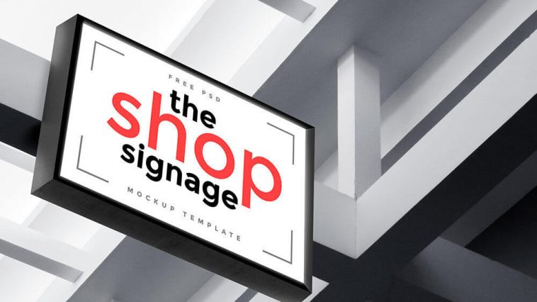 Wall Mounted Shop Light Signage Board Mockup with Reflection - PsFiles