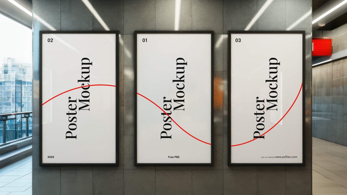 Free 5 Lined-up Subway Glued Posters Mockup PSD - PsFiles