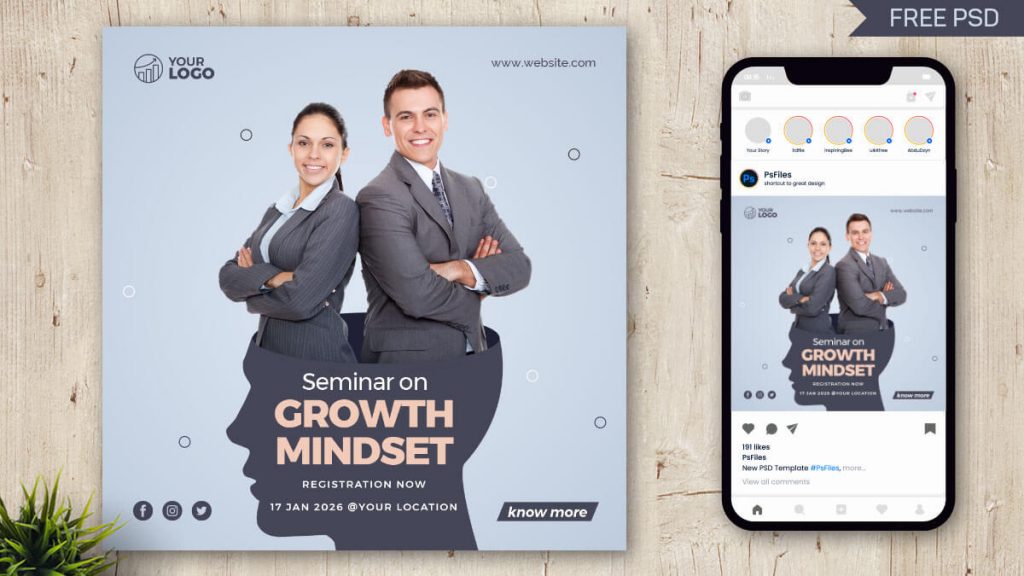 Growth Mindset Seminar Free Social Media Post Design PSD Template