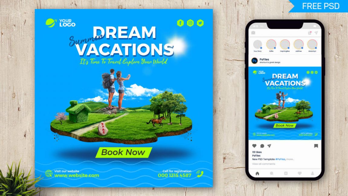 Dream Vacations Free Travel Social Media Post Design PSD Template