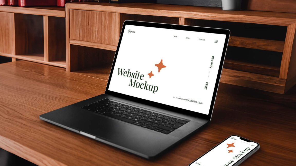 Free Woman Sitting Beside Laptop Website Mockup Free PSD - PsFiles