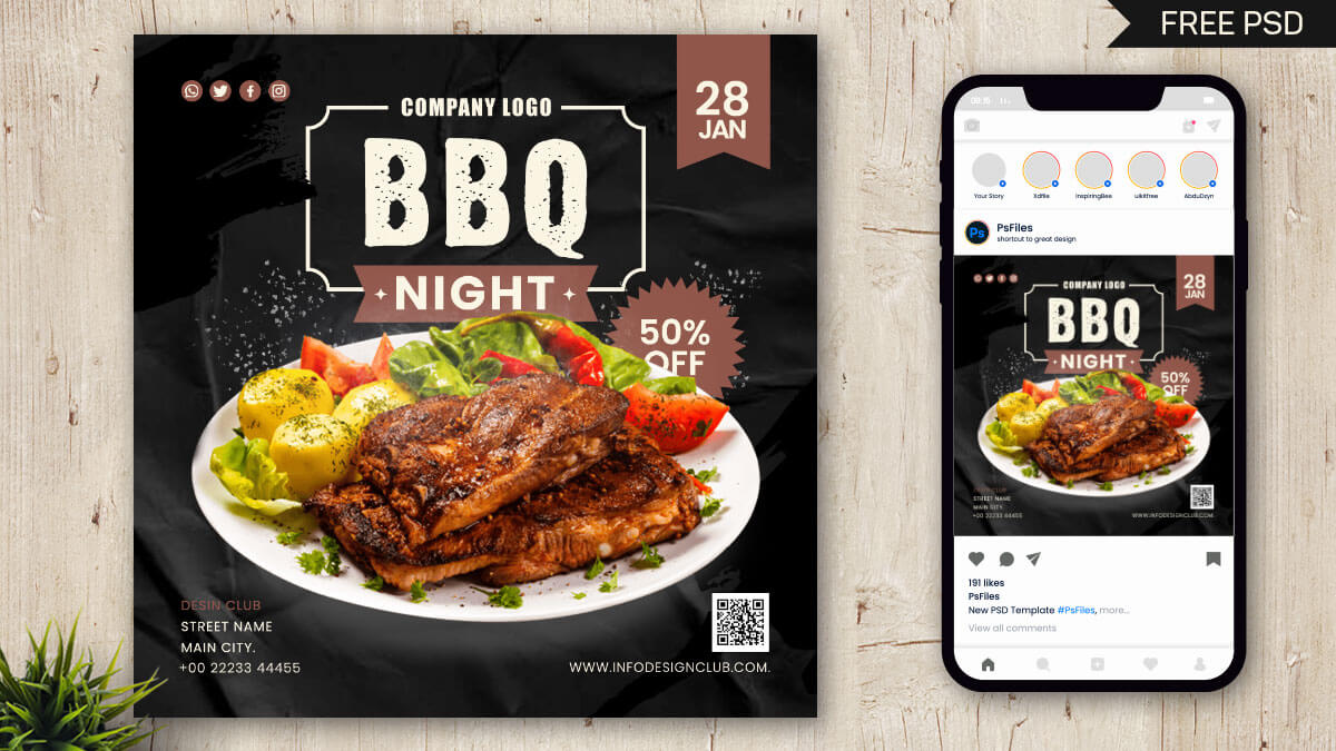 Free BBQ Night Food Social Media Post Design Template PSD - PsFiles