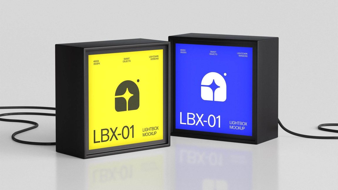 Free Hanging Illuminated Light Signage Box Mockups 3 PSD set - PsFiles