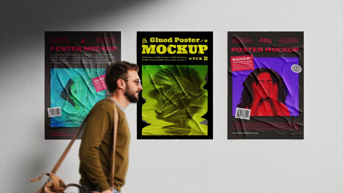 Free 5 Lined-up Subway Glued Posters Mockup PSD - PsFiles