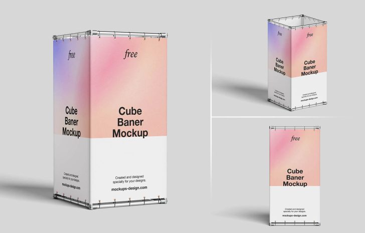 3 Free 4-Sided Cube Banner Stand Mockup PSD Files - PsFiles