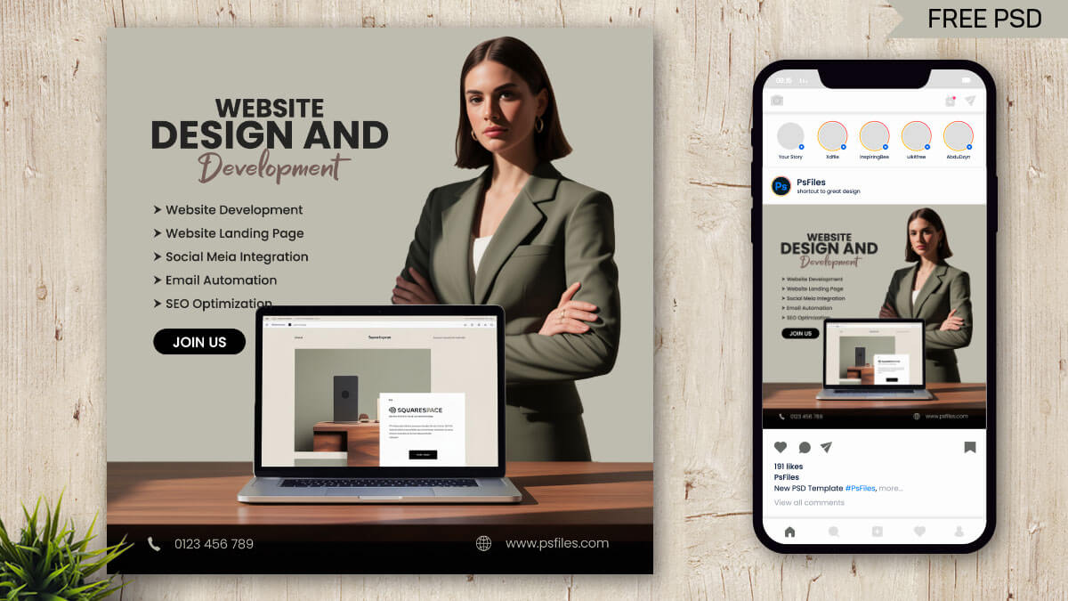 Free Website Design and Development Instagram Post PSD Template