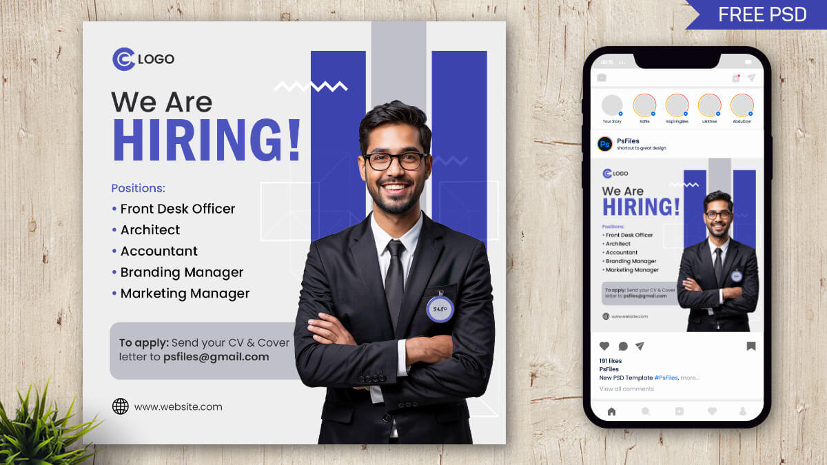We Are Hiring Social Media Post PSD – Free Download for Job Vacancy Announcements - PsFiles