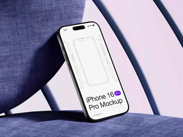 Free iPhone 16 Pro Leaning on Chair Mockup PSD - PsFiles