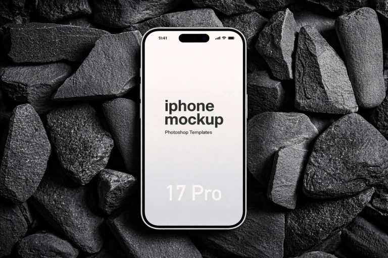 Free iPhone 17 Pro Mockup PSD on Black Rocks Background - PsFiles